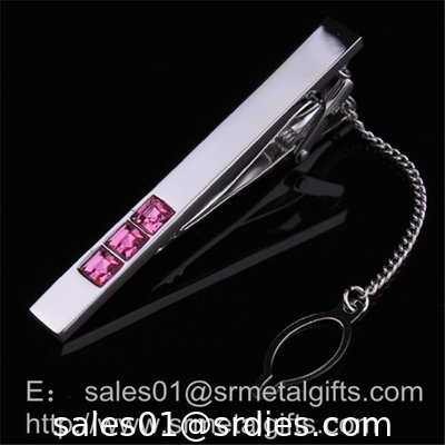 Silver plated men's tie clips with pink stone inlay, clasp tie bars and tie clips for men, supplier