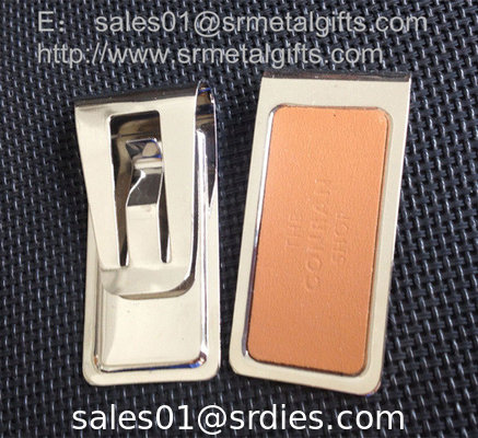 Silver stainless steel money clip with stamped logo leather pad, supplier