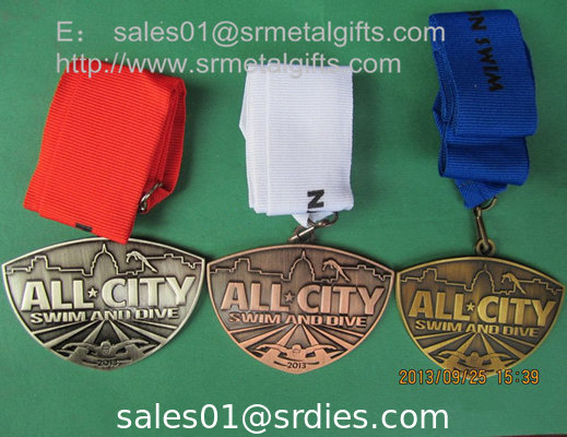 Embossed swimming medals with lace ribbon, blank swimming winner metal medals, supplier