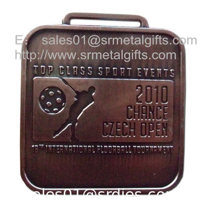 Custom metal blank engraved hockey medals with ribbon, antique brass plated, supplier