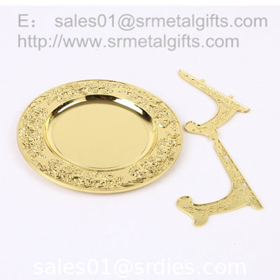 Vintage metal collectible souvenir plate selection, detailed floral metal souvenir trays, supplier