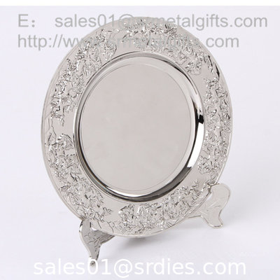 Polish Silver metal anniversary plate with stand for display, metal souvenir tray, supplier