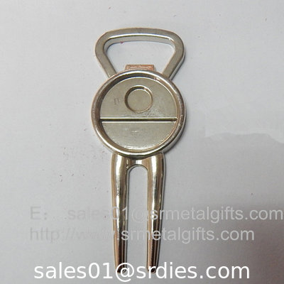 Metal beer opener golf divot tools, 2-in-1 bottle opener golf pitchfork repair tools, supplier