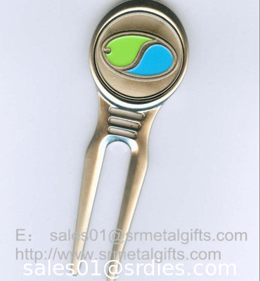 Enamel metal golf pitch fork with color filled ball marker, enamel golf divot repairer, supplier