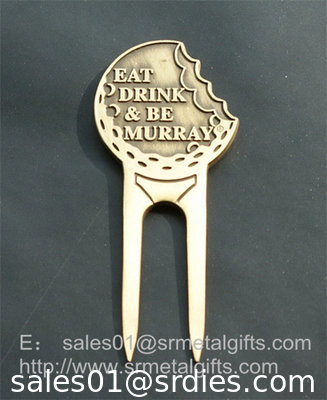 Engraved metal golf pitchfork with magnetic ball marker, designer golf divot tools, supplier