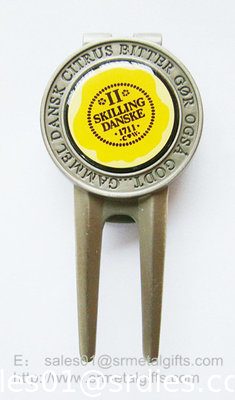 Engraved metal golf pitchfork with magnetic ball marker, designer golf divot tools, supplier