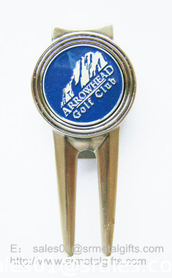 Engraved metal golf pitchfork with magnetic ball marker, designer golf divot tools, supplier