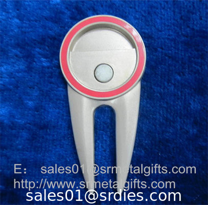 Magnetic golf divot repair tool with ball marker, blank golf pitchfork with magnet dot, supplier