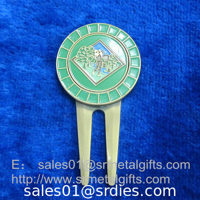 Pearl gold golf pitchfork repair key tags, functional golf divot repair tool keychains, supplier