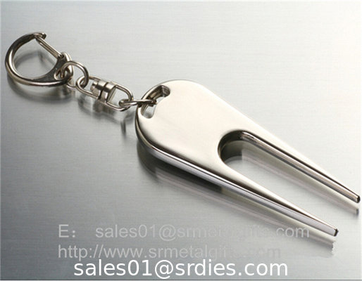 Pearl gold golf pitchfork repair key tags, functional golf divot repair tool keychains, supplier
