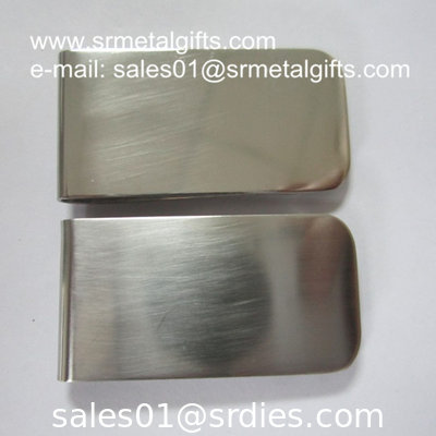 Satin brush stainless steel money clip with chemically etched logo, supplier