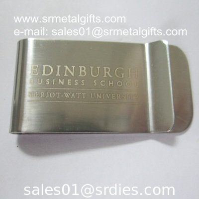 Satin brush stainless steel money clip with chemically etched logo, supplier