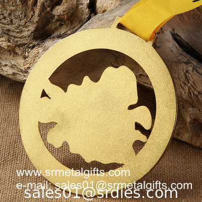 Cut-out Half Marathon run medal with color filled, carved metal medallions supplier