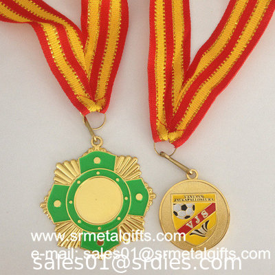 Enamel metal soccer medal with ribbon lace, color filled metal sports medals supplier