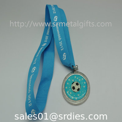 Enamel metal soccer medal with ribbon lace, color filled metal sports medals supplier