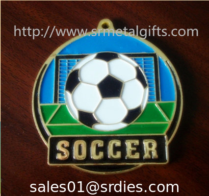 Enamel metal soccer medal with ribbon lace, color filled metal sports medals supplier