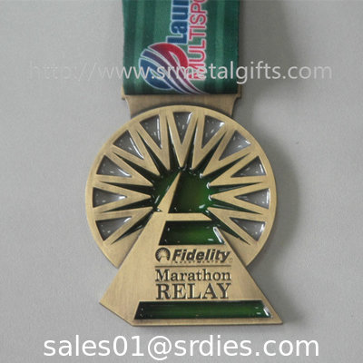 Enamel metal soccer medal with ribbon lace, color filled metal sports medals supplier