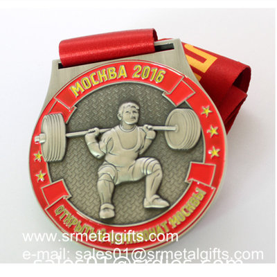 3D metal weight-lifter sport medals, custom made tournament medals wholesale supplier