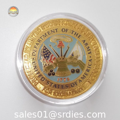 Gold tone metal souvenir coins with enamel in clear plastic box package supplier