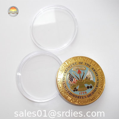 Gold tone metal souvenir coins with enamel in clear plastic box package supplier
