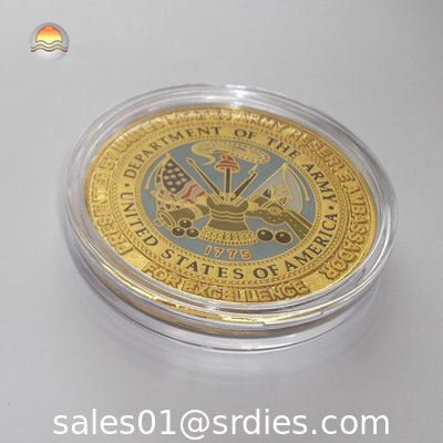 Gold tone metal souvenir coins with enamel in clear plastic box package supplier