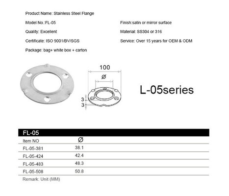 Stainless Steel 304 Handrail Tube Floor Flange Base Plate Mill 2B Finish for Balustrade