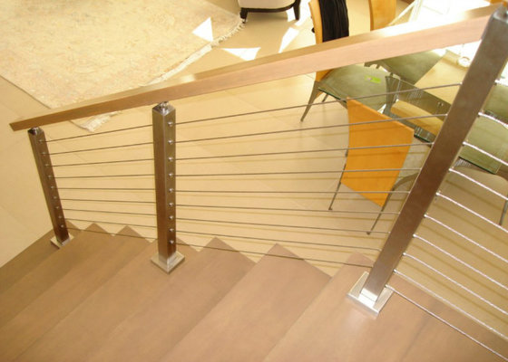 Steel Wire Balustrade Systems Interior Staircase Cable Railing With Wooden Handrail