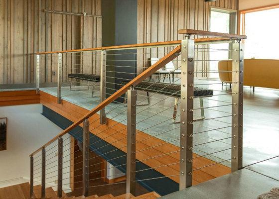 Steel Wire Balustrade Systems Interior Staircase Cable Railing With Wooden Handrail