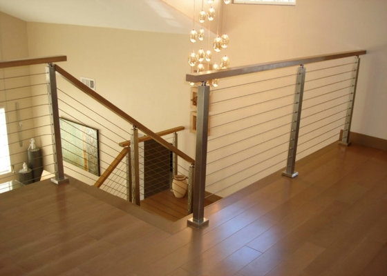Steel Wire Balustrade Systems Interior Staircase Cable Railing With Wooden Handrail