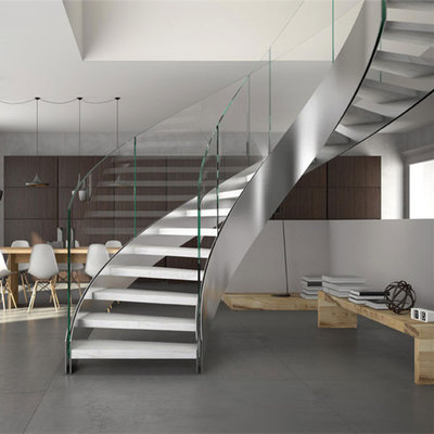 Modern Design Interior Curved Staircase With Tempered Glass Railing