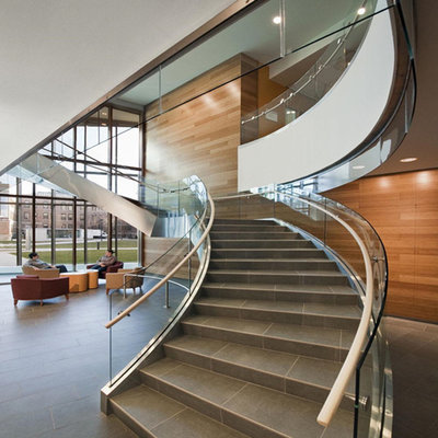 Modern Design Interior Curved Staircase With Tempered Glass Railing