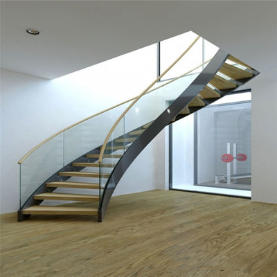 Modern Design Interior Curved Staircase With Tempered Glass Railing