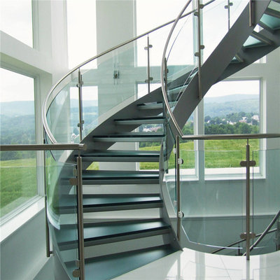 Easy Install Residential Tempered Glass Stainless Steel Beam Curved Staircase