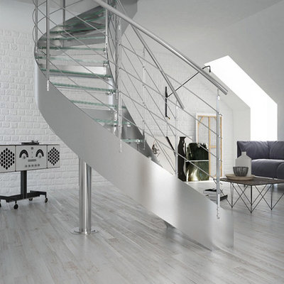 Easy Install Residential Tempered Glass Stainless Steel Beam Curved Staircase
