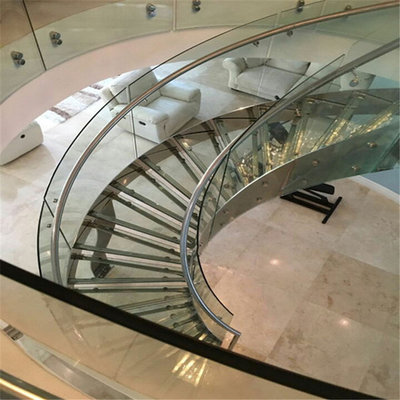 Easy Install Residential Tempered Glass Stainless Steel Beam Curved Staircase