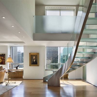 Easy Install Residential Tempered Glass Stainless Steel Beam Curved Staircase