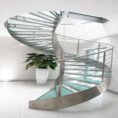 Easy Install Residential Tempered Glass Stainless Steel Beam Curved Staircase