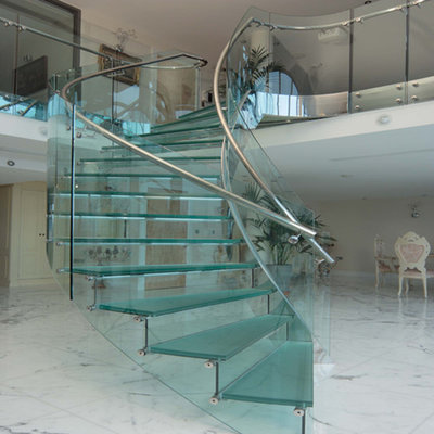 Easy Install Residential Tempered Glass Stainless Steel Beam Curved Staircase