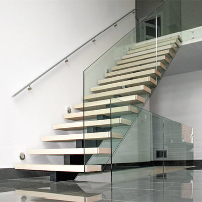 Indoors modern design steel wood straight staircase with glass railing