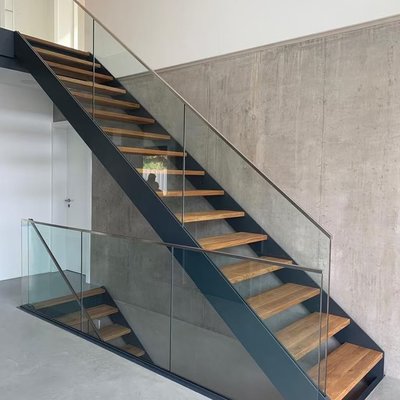 Customized modern stairs design indoor solid wood double steel stringer staircase