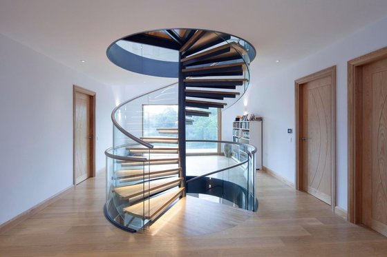 Clear view indoor wooden tread spiral glass railing staircase glass spiral staircase design