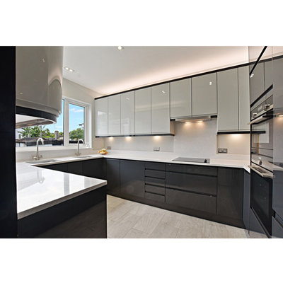 Made In China Modular Furniture Modern Clean Handle-Less Look Gray Glossy Kitchen Cabinets