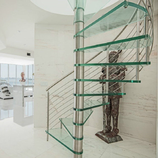 Modern Stylish Tempered Glass Steps Stainless Steel Spiral Stairs Curved Staircase For Villa