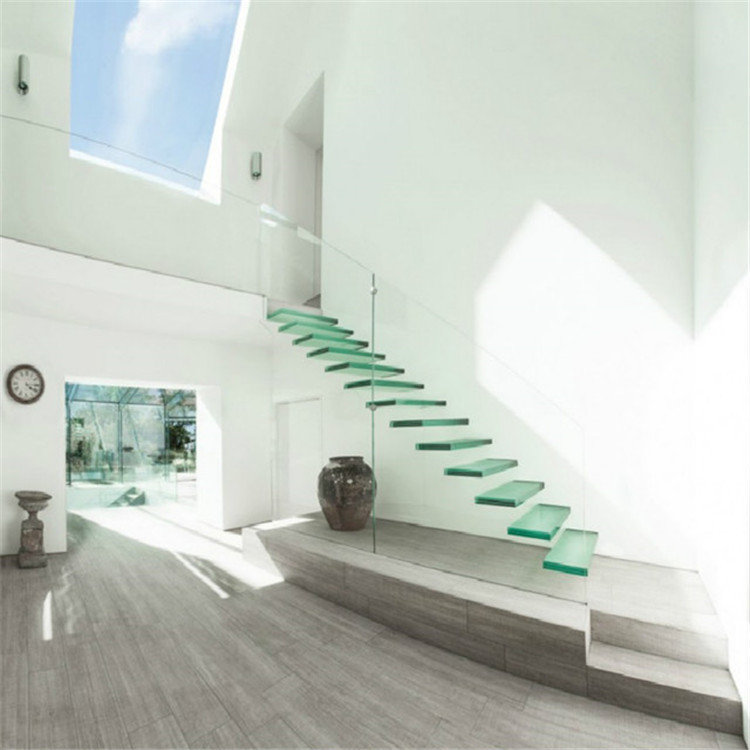 Modern Straight Floating Staircase Kit For Small Spaces Mono Stringer Glass Railing Designs Indoor Floating Glass Stair