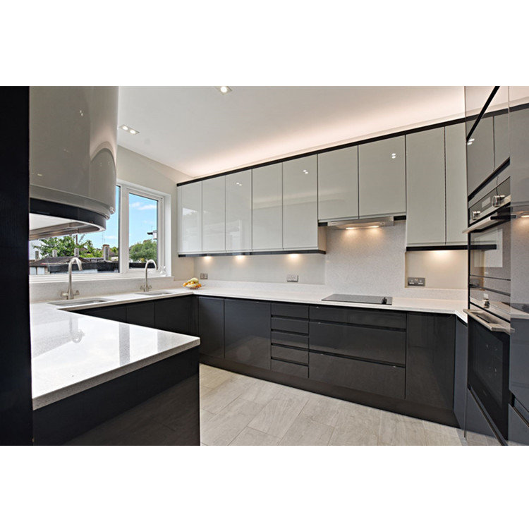 Made In China Modular Furniture Modern Clean Handle-Less Look Gray Glossy Kitchen Cabinets