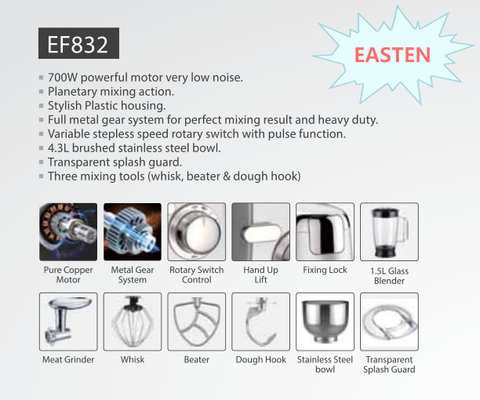 Hot Sales ABS Housing Plastic Stand Mixer EF832/ 220~240V 50/60Hz Stand Mixer With Flat Beater