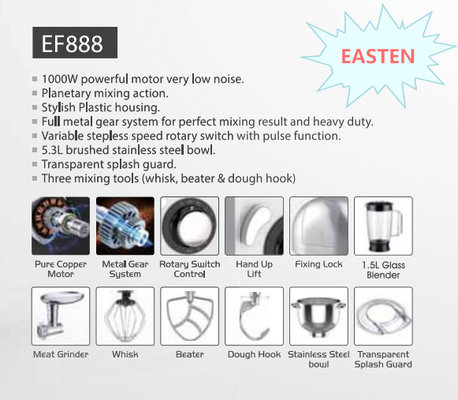 Easten Kitchen Plastic Stand Food Mixer EF888/ 1000W Electric Dough Cake Stand Mixer With Meat Grinder