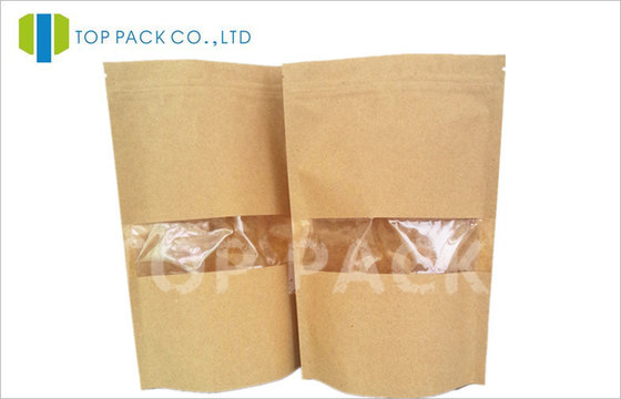 Recyclable Kraft Paper Stand Up Pouch Zipper Closure Transparent Window Food Use