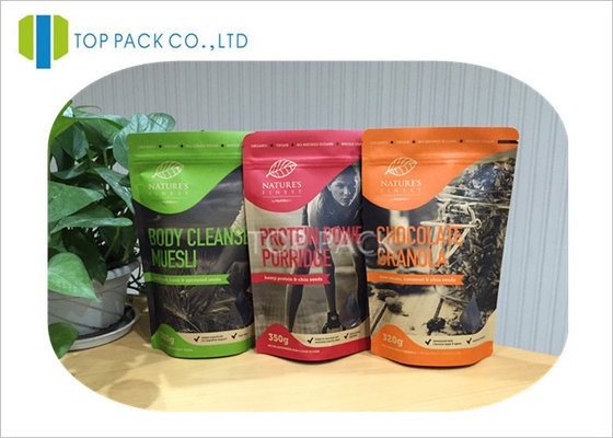 350 G Heat Sealed Kraft Paper Stand Up Pouch , Printed Custom Zipper Pouches Granola Packaging