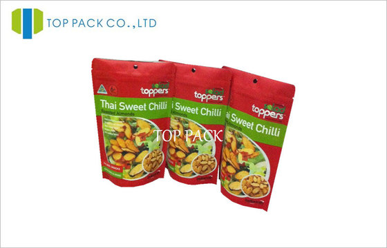 Red Matte Printed Stand Up Pouch Packet With Hanging Round Hole For Fruit Chips
